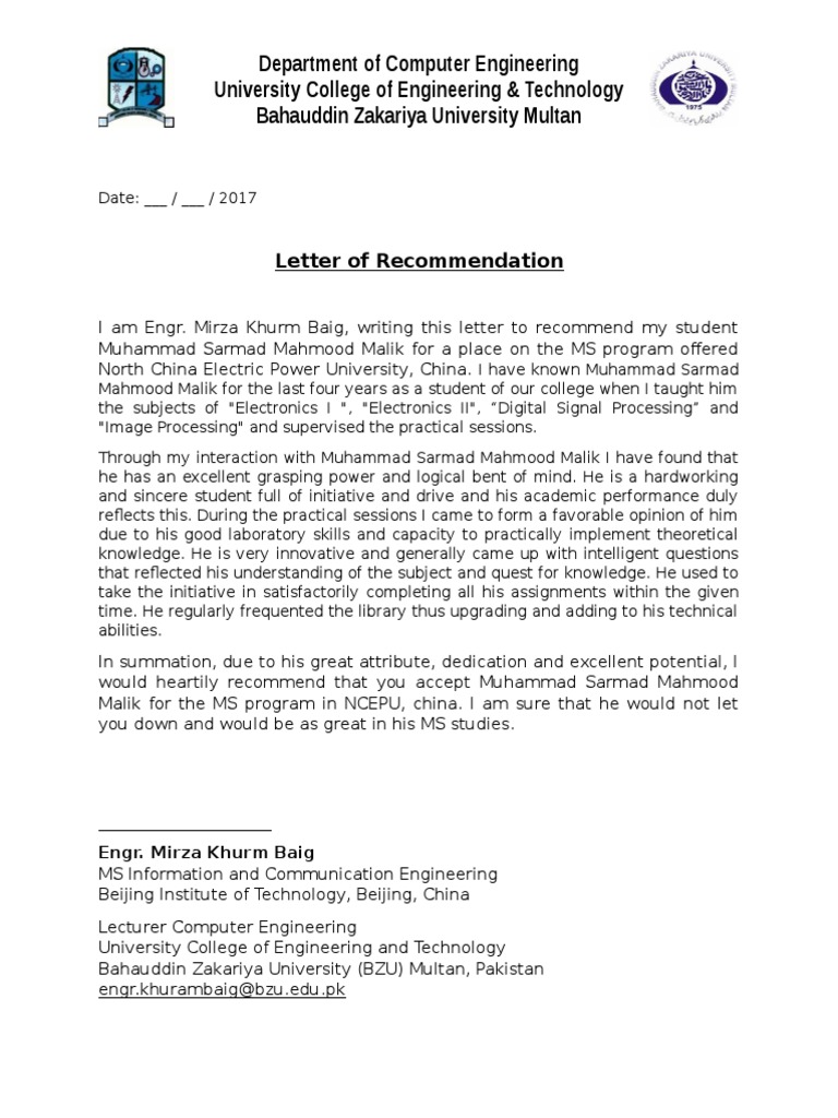 Letter of Recommendation