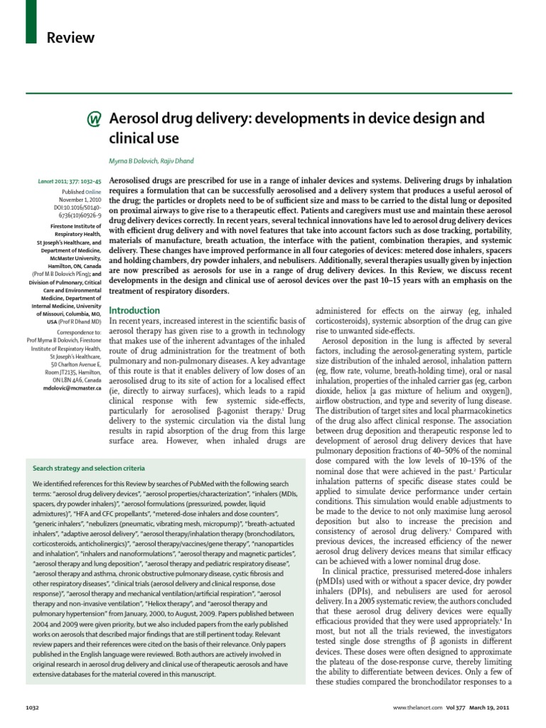 Aerosol Drug Delivery Developments in Device Design and | PDF | Aerosol ...
