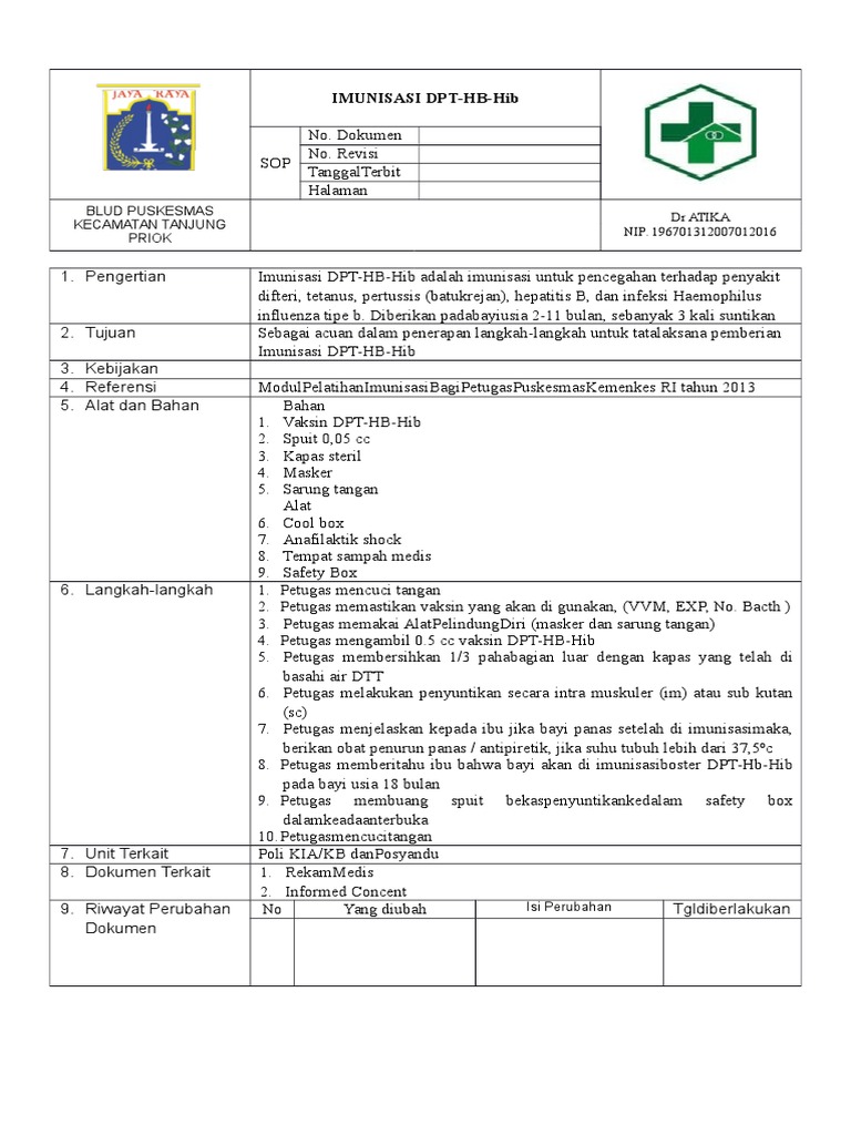 Sop - Imunisasi DPT HB Hib | PDF