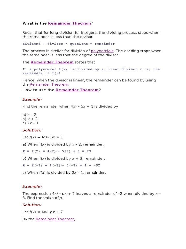 What Is The Reminder Theorem | PDF | Division (Mathematics) | Number Theory