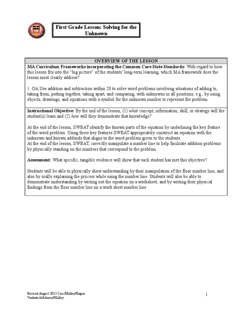 First Grade Lesson: Solving For The Unknown: Revised August 2015 Cass ...