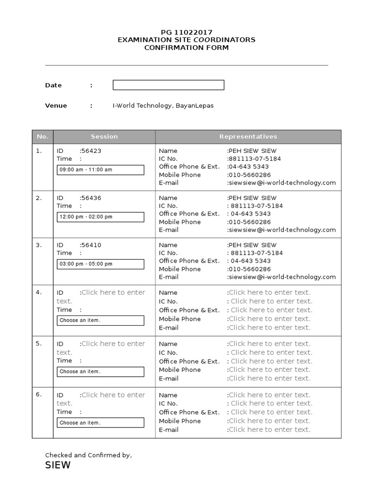 Date:: PG 11022017 Examination Site Coordinators Confirmation Form ...