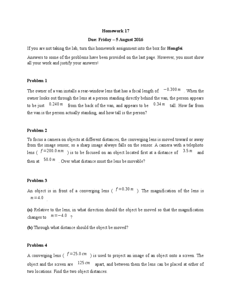 Homework Assignment on Geometrical Optics Problems Involving Lenses and ...