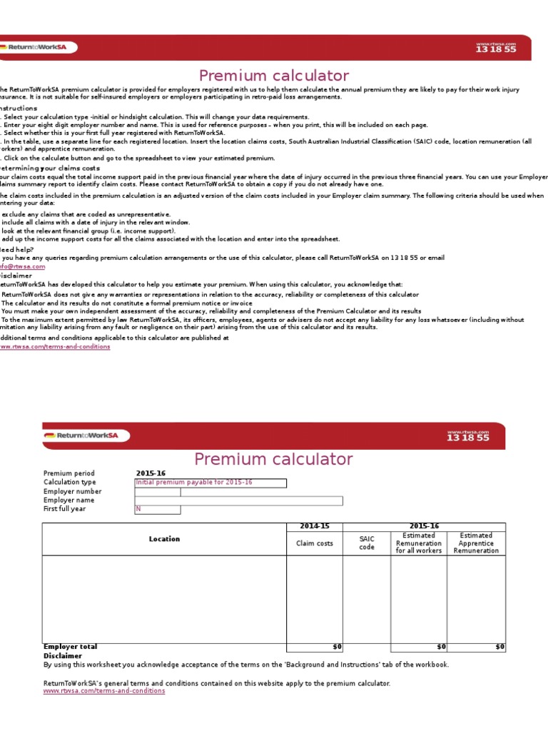 ReturnToWorkSA Premium Calculator Guide | PDF | Insurance | Employment
