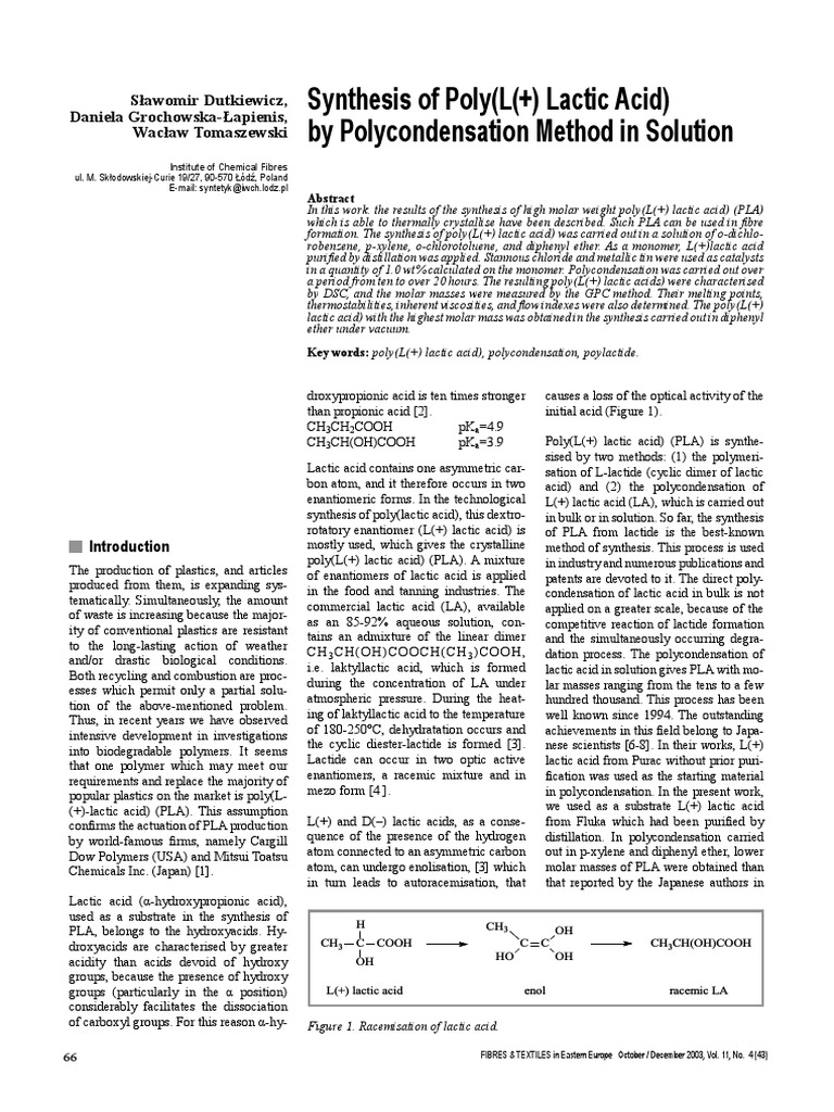 Synthesis of Poly (L (+) Lactic Acid) by Polycondensation Method in Solution | PDF ...