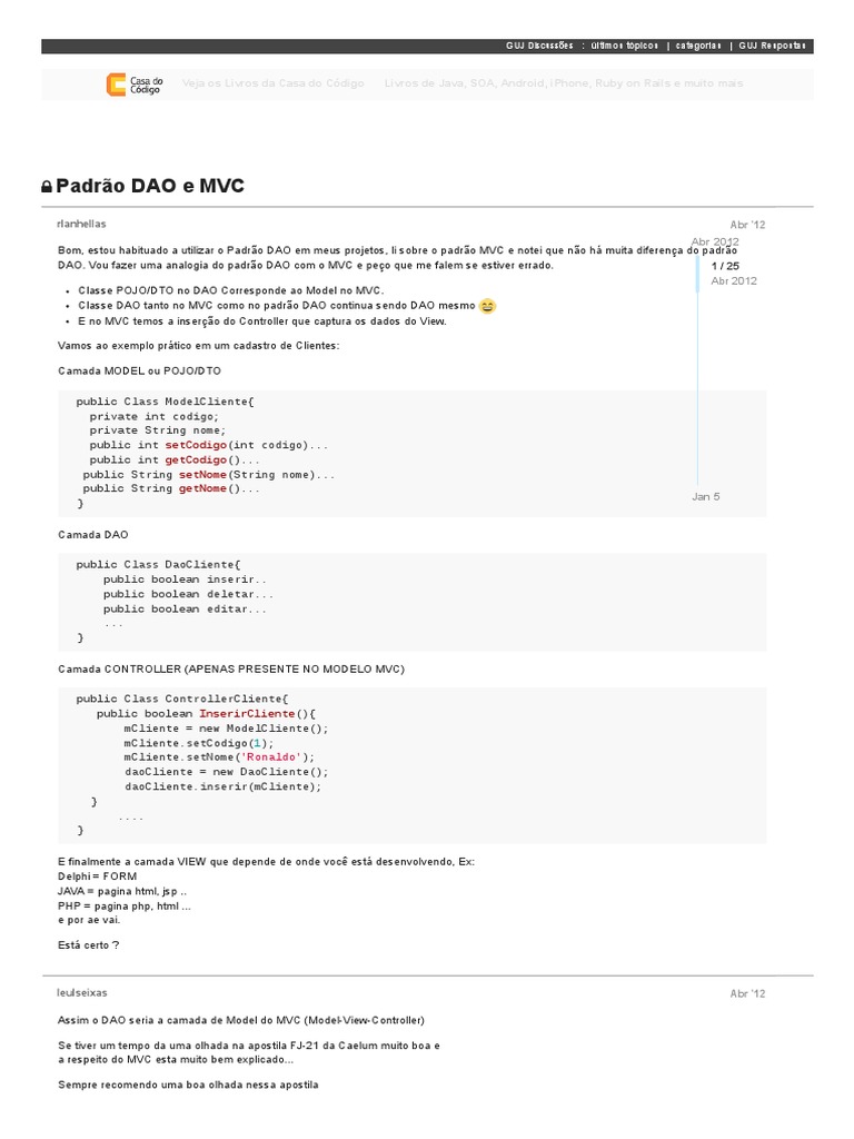 Padrão DAO e MVC | PDF | Model-View – Controller (MVC) | Classe ...