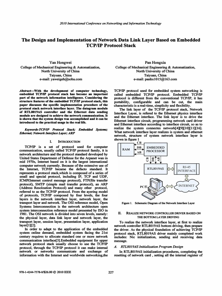 The Design and Implementation of Network Data Link Layer Based On Embedded TCP/IP Protocol Stack ...
