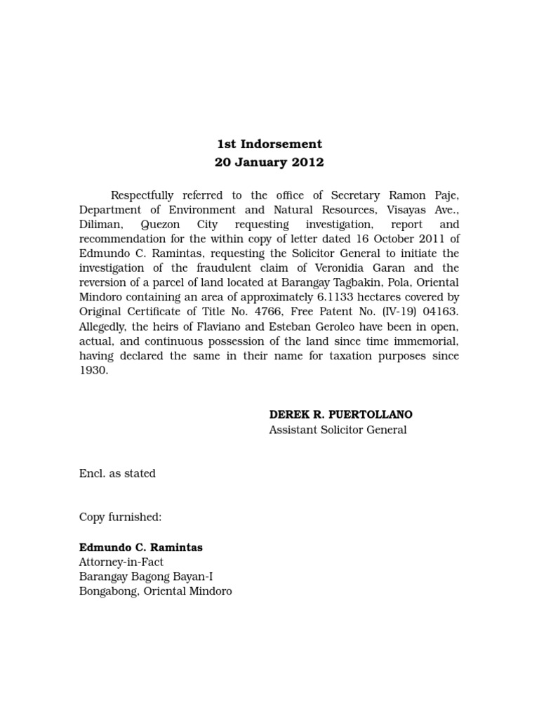 1st Indorsement 20 January 2012: Derek R. Puertollano | PDF