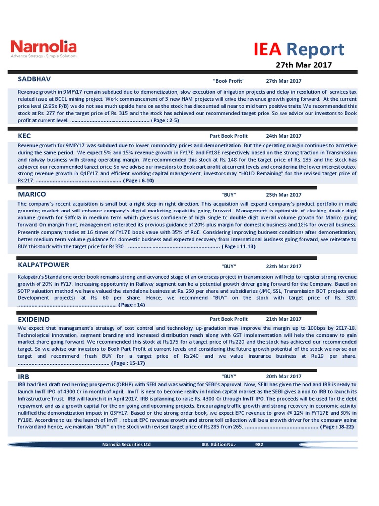 IEA Report 27th March | PDF | Stocks | Revenue