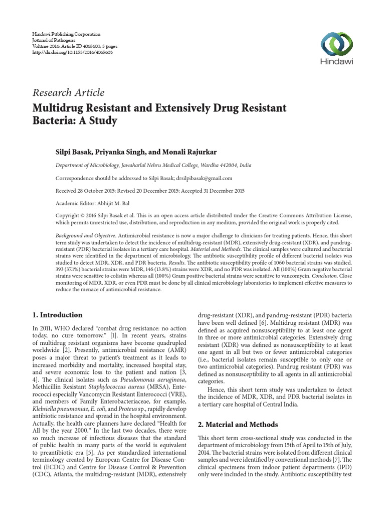 2016, MDR and XDR, Basak, J Pathogens | PDF | Multiple Drug Resistance ...