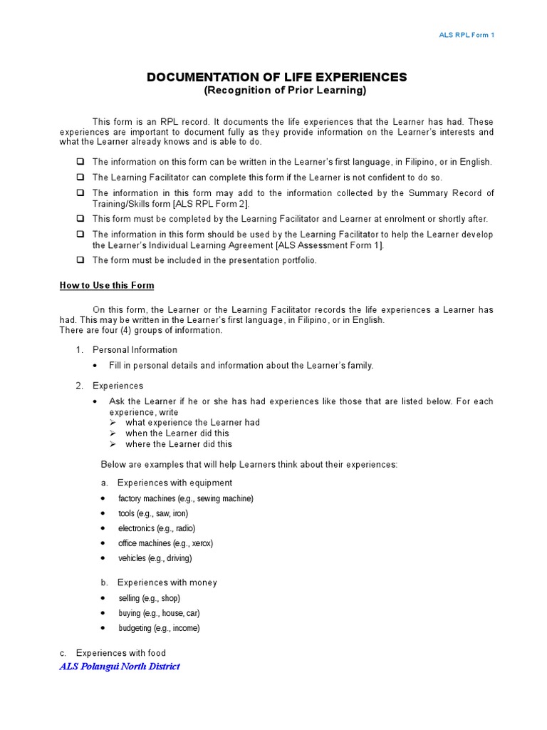 RPL Form 1 - Life Experiences 2016 - Pol North | PDF | Learning | Cognition
