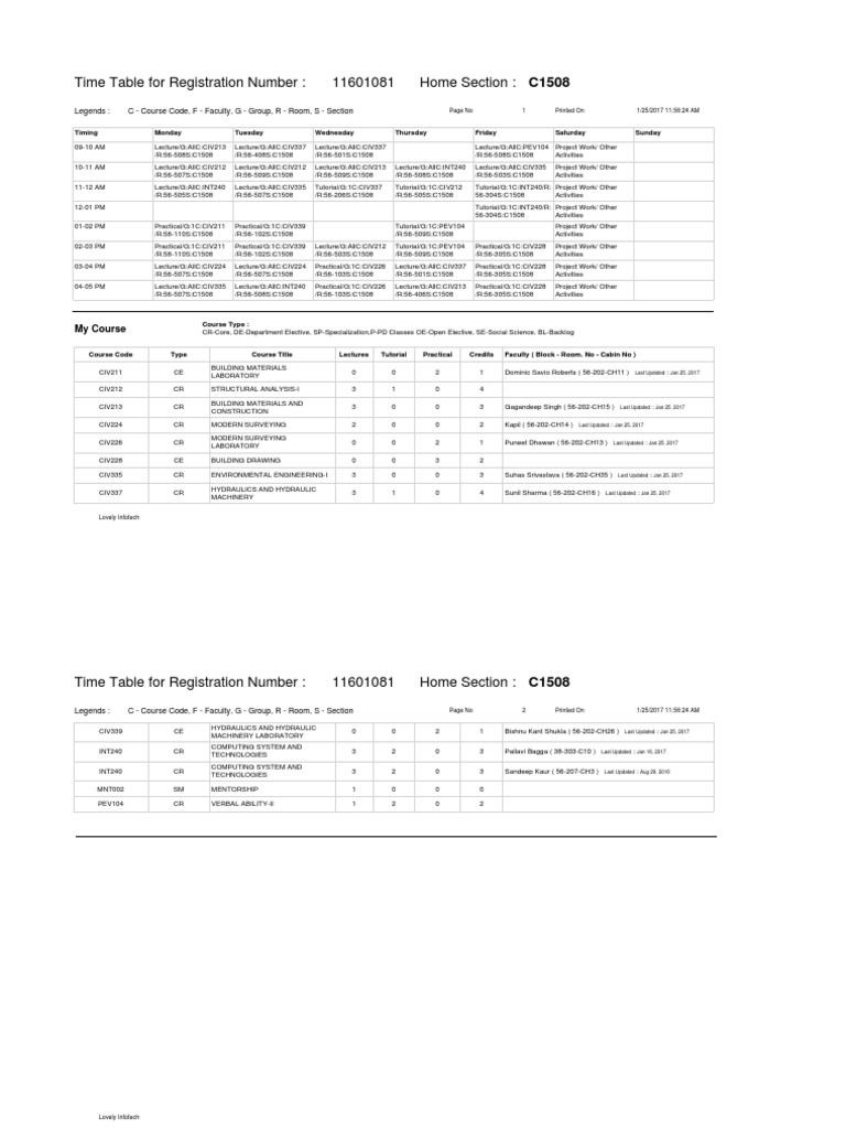 Time Table For Registration Number: 11601081 Home Section | PDF ...