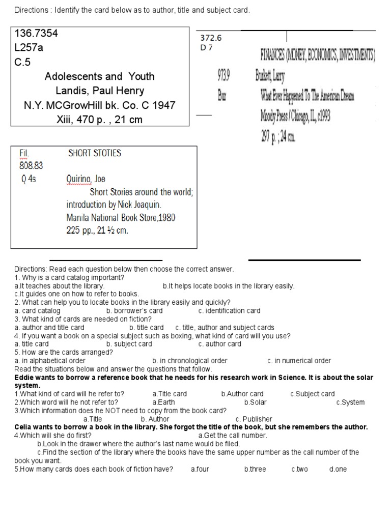 Card Catalog Test | PDF | Libraries | Books
