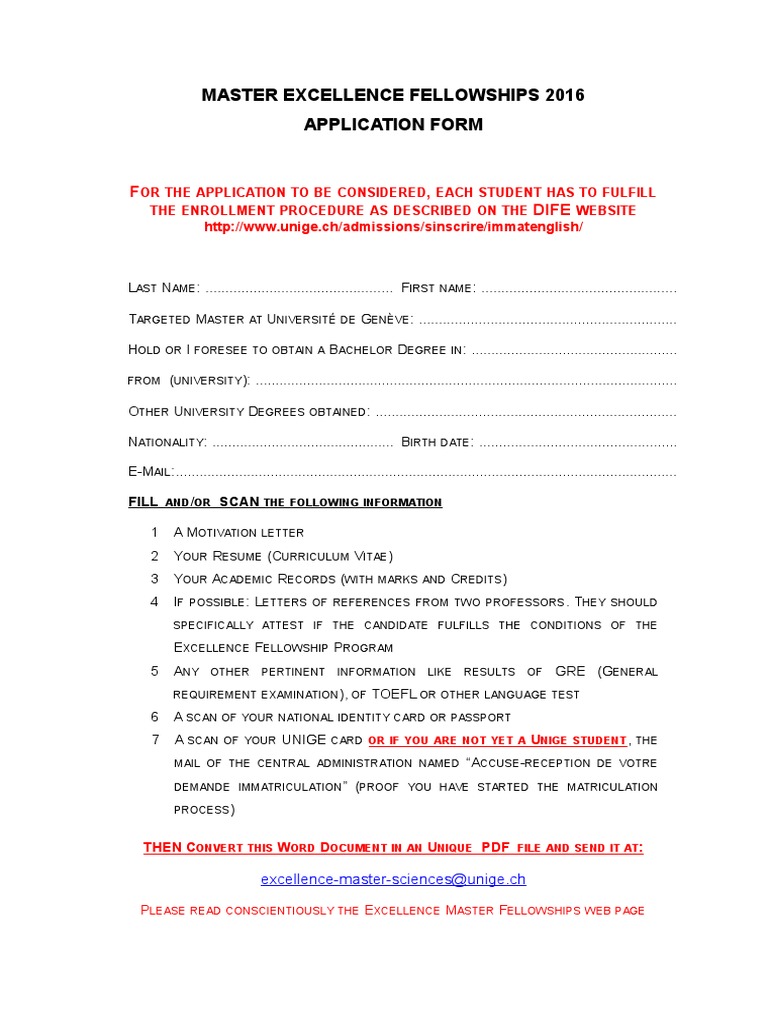 Master Excellence Fellowships 2016 Application Form: F, Dife | PDF