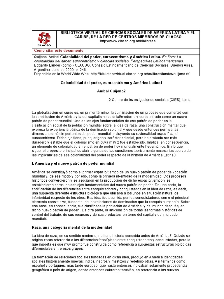 QUIJANO, ANIBAL - Colonialidad Del Poder, Eurocentrismo y América ...