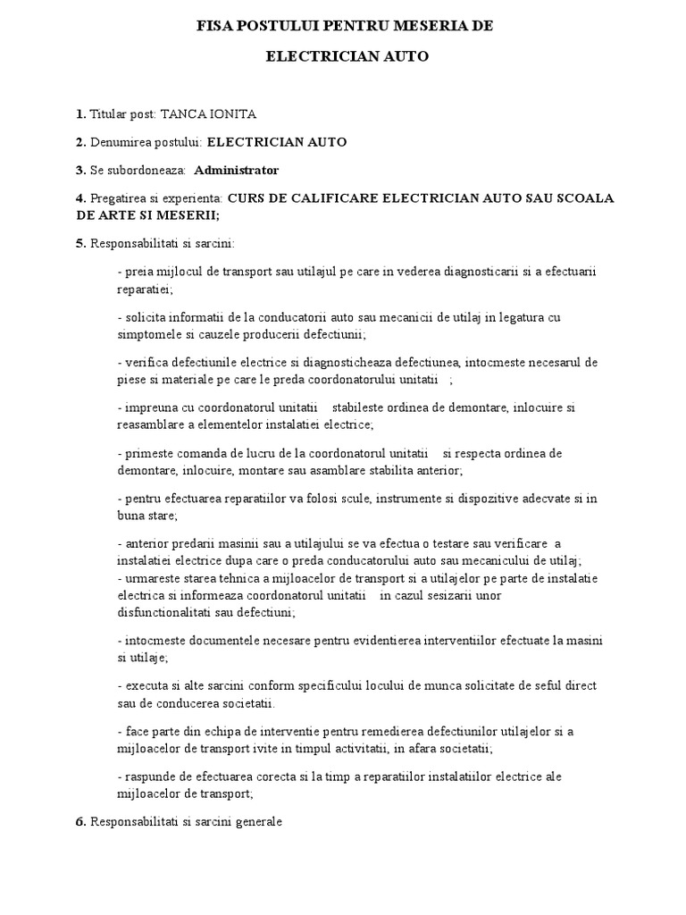 Fisa Postului Electrician Auto | PDF