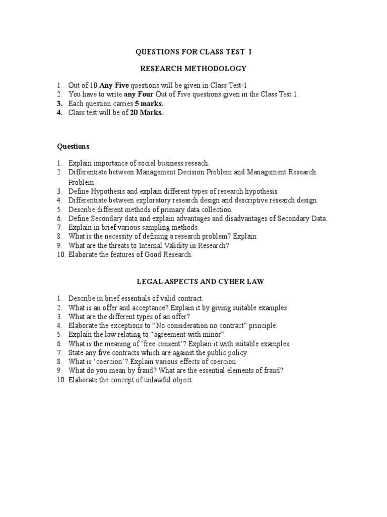 Class Test Questions: Research & Law | PDF