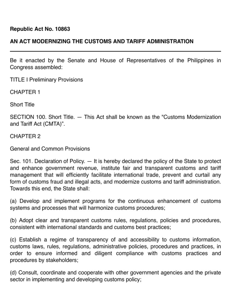 RA - Republic Act No. 10863 PDF | PDF | Customs | Cargo