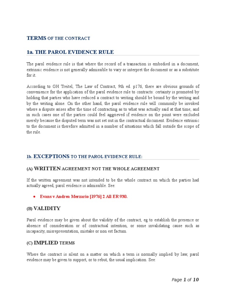 Terms 1A. The Parol Evidence Rule | PDF | Contractual Term | Parol ...