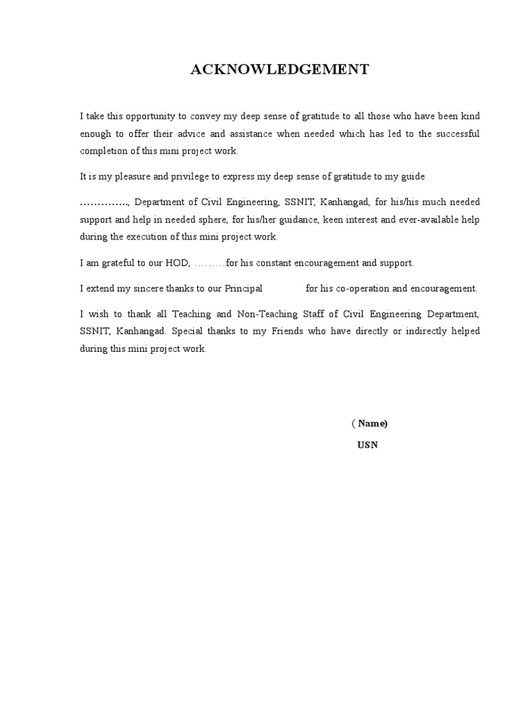 Acknowledgement: .., Department of Civil Engineering, SSNIT, Kanhangad, For His/his Much Needed ...