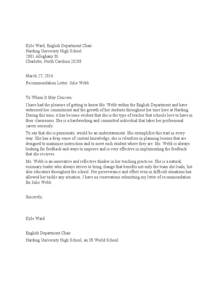 K Ward Letter of Recommendation | PDF