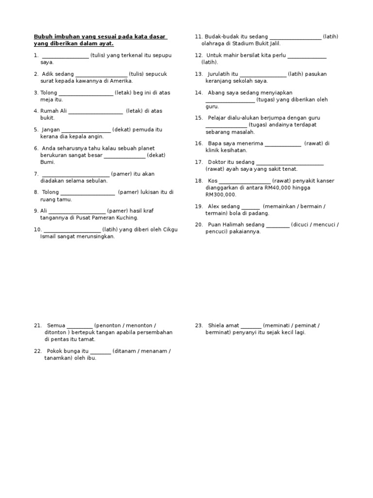 Bubuh Imbuhan Yang Sesuai Pada Kata Dasar Yang Diberikan Dalam Ayat | PDF