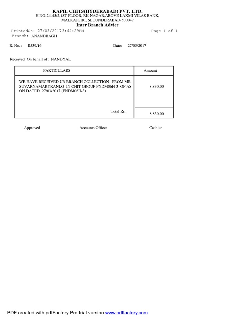 Inter Branch Advice for Kapil Chits | PDF