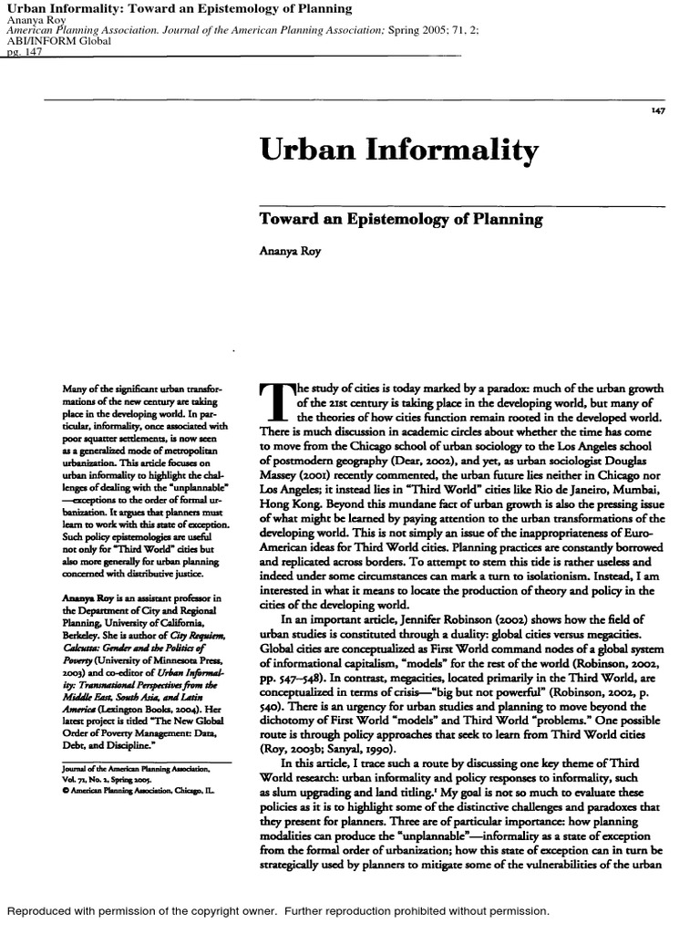 Urban Informality - Toward An Epistemology of Planning PDF | PDF ...