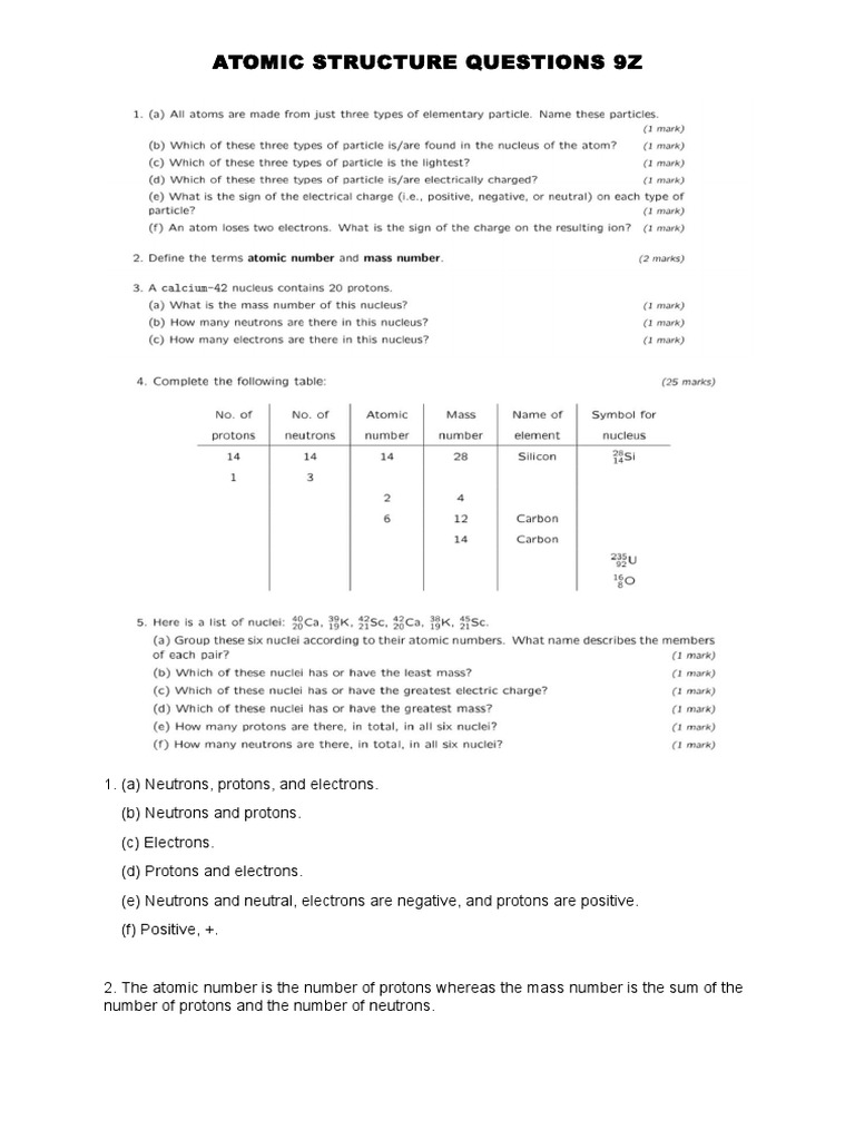 Atomic Structure Questions 9Z | PDF