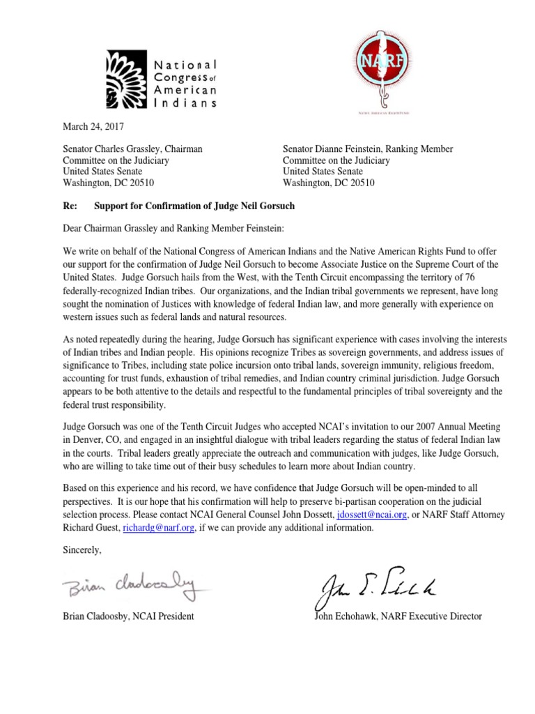 NCAI NARF Gorsuch Letter | Judiciaries | Judge
