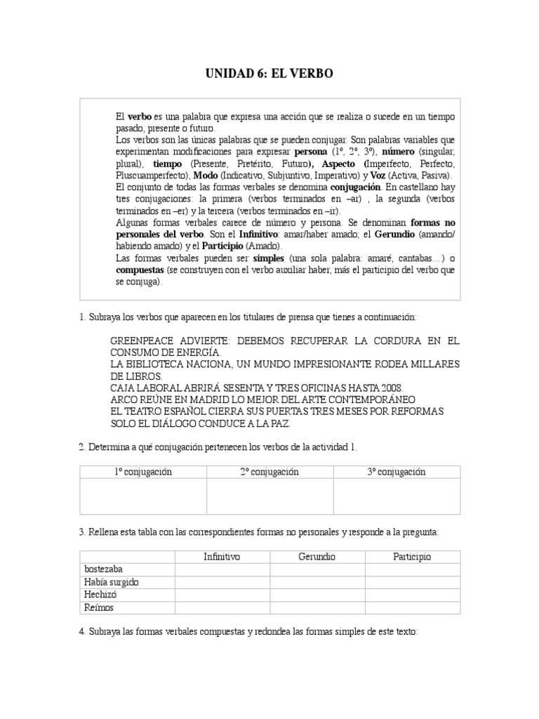 Los Verbos Actividades | PDF
