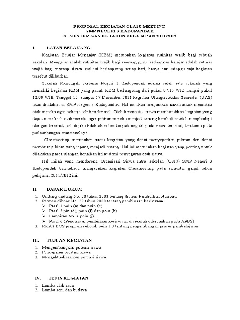 PROPOSAL FOR CLASS MEETING ACTIVITIES | PDF
