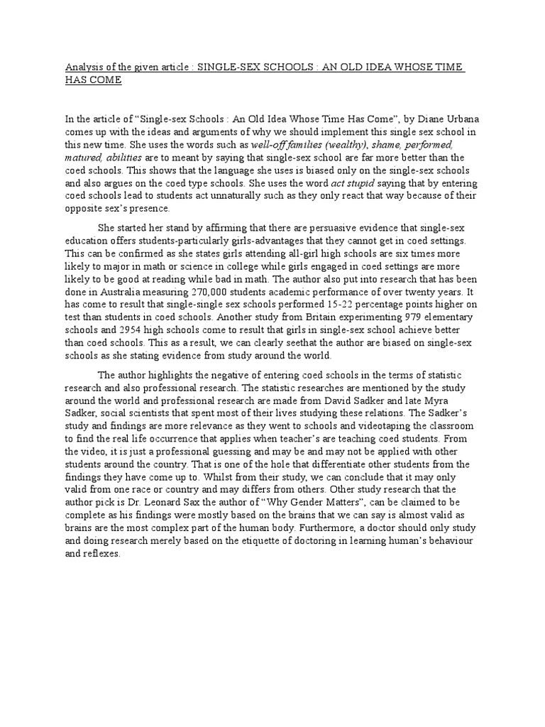 Advocating for Single-Sex Schools: An Analysis of Arguments Regarding ...