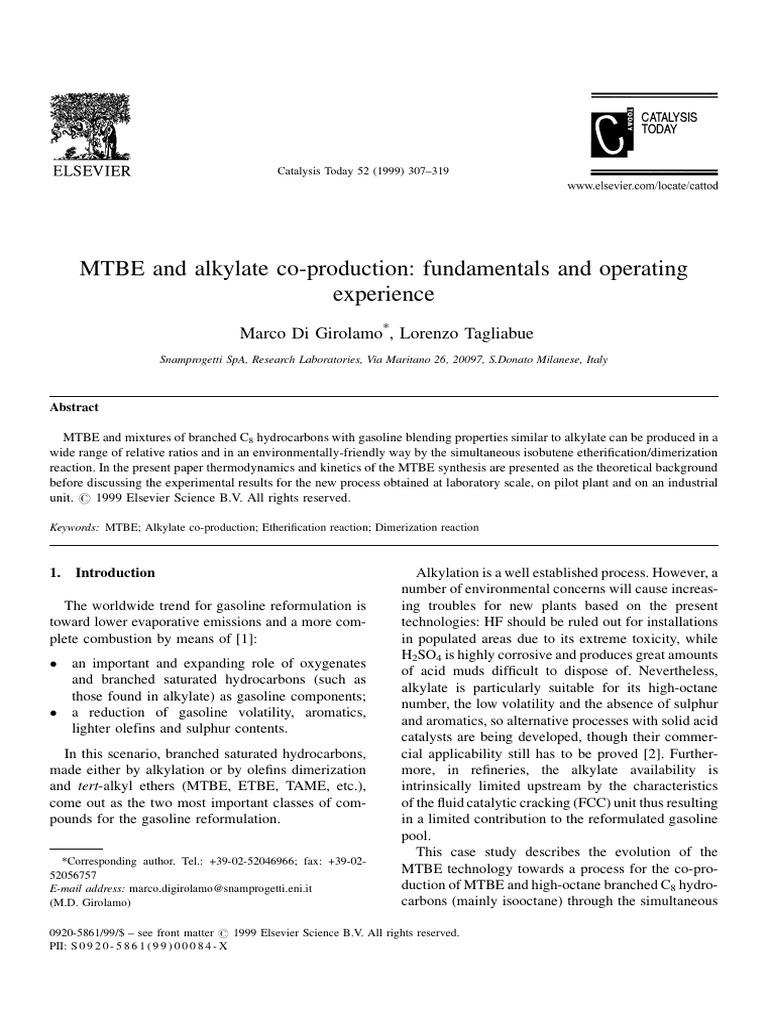 Snamprogetti New MTBE Production Design PDF | PDF | Methanol | Catalysis