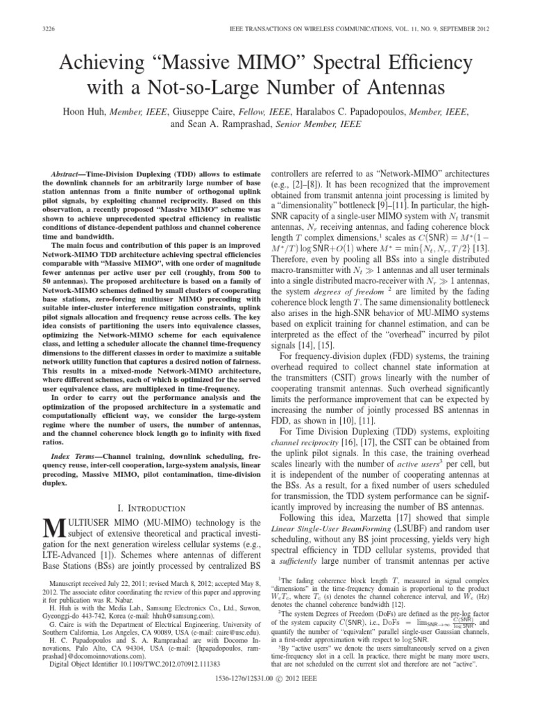 Achieving Massive Mimo Spectral Efficiency With A Not So Large Number Of Antennas Pdf Duplex