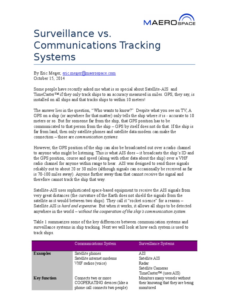 Comparison of Communications and Surveillance Tracking Systems | PDF ...