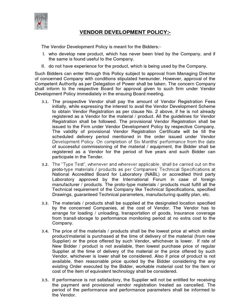 Vendor Development Policy | PDF | Prices | Supply Chain