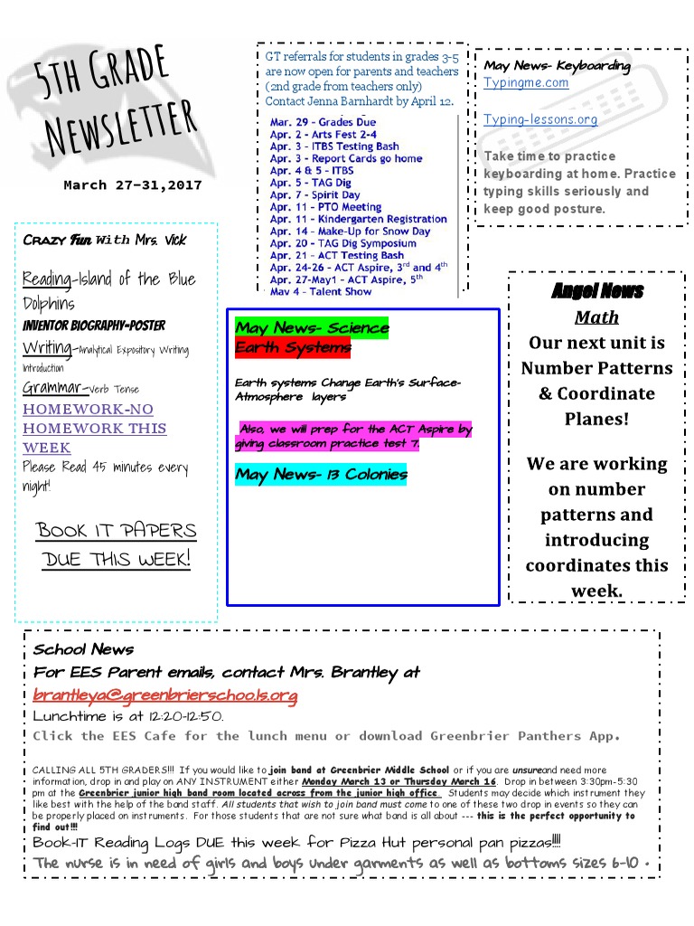 5th Grade Weekly Newsletter Update | PDF | Schools | Students