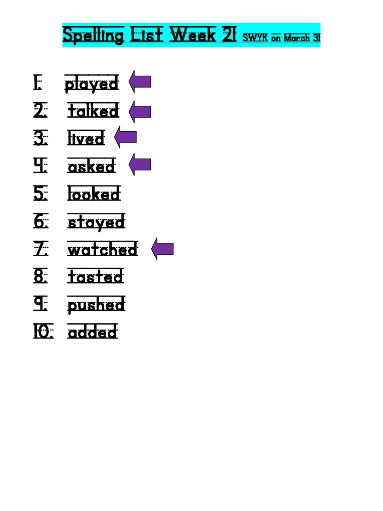 Week 21 Spelling List for March 31 | PDF