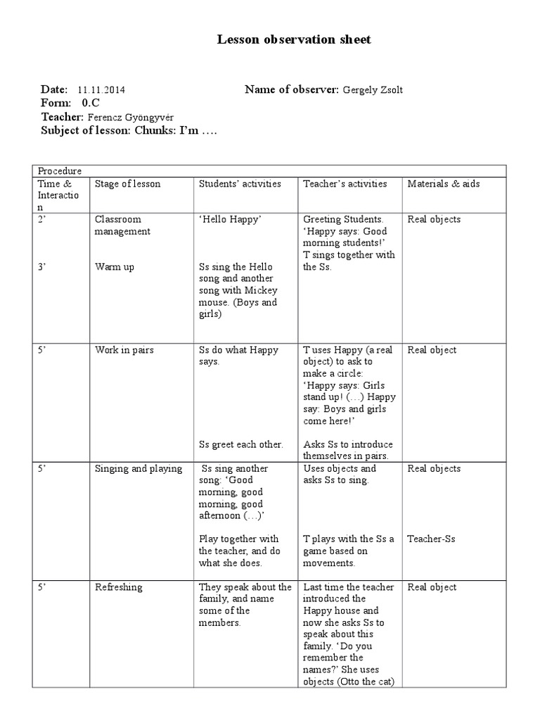 Lesson Observation Sheet: Date: Name of Observer: Form: 0.C Teacher ...