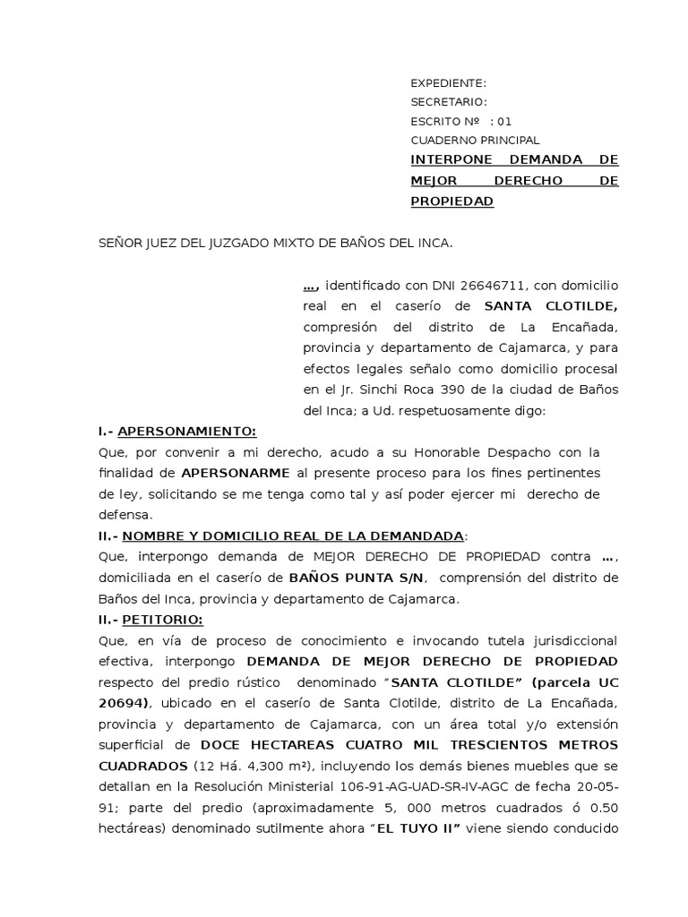 Modelo de Demanda Mejor Derecho de Propiedad | Demanda judicial | Propiedad