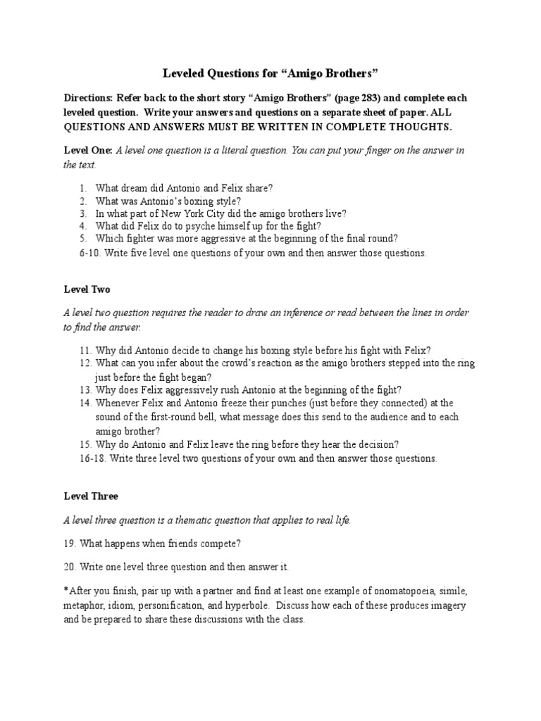 Leveled Questions For Amigo Brothers | PDF