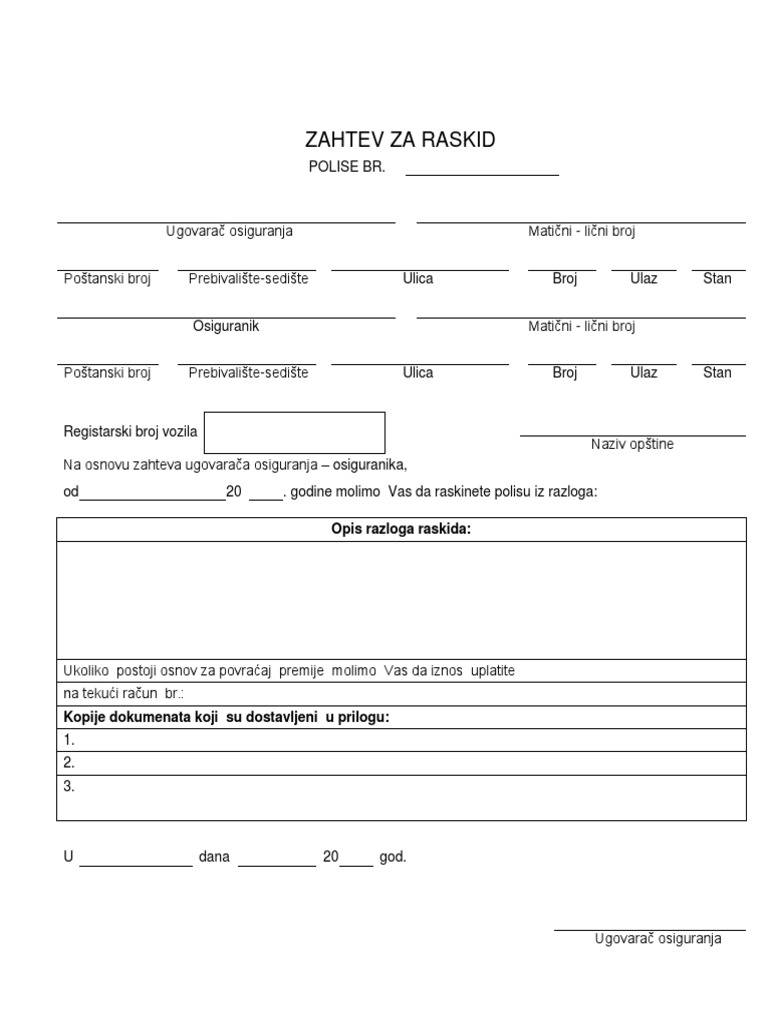 Zahtev Za Raskid Kasko | PDF