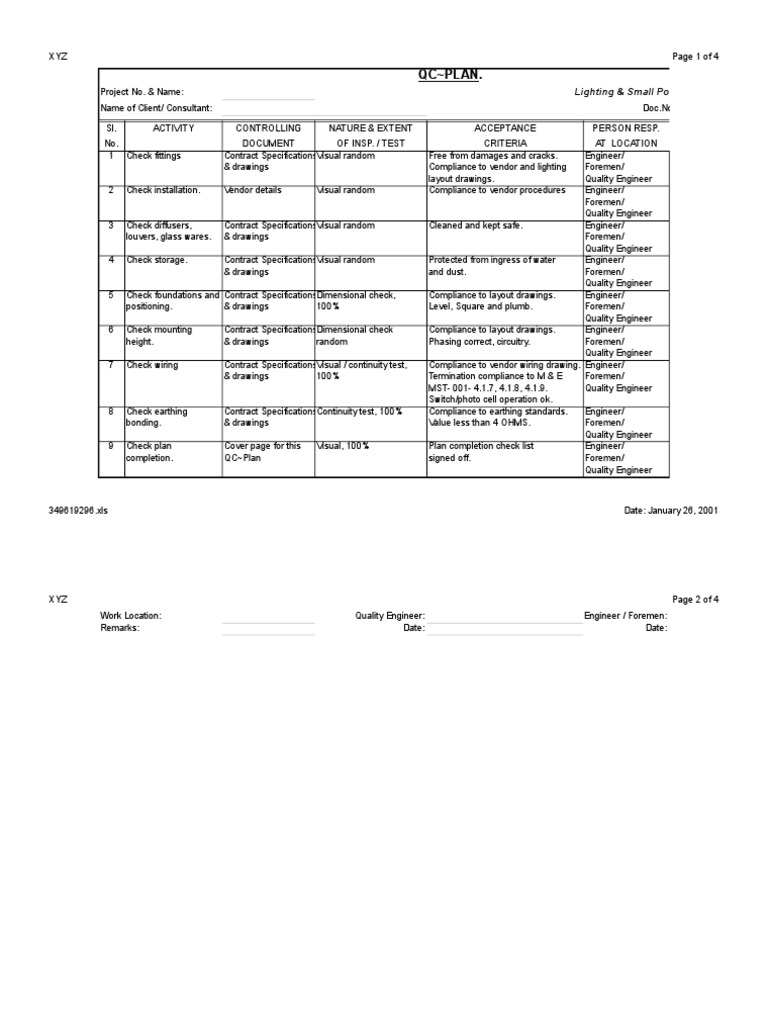 QC Plan.: Lighting & Small Power Fittings (Light Fittings) | PDF ...