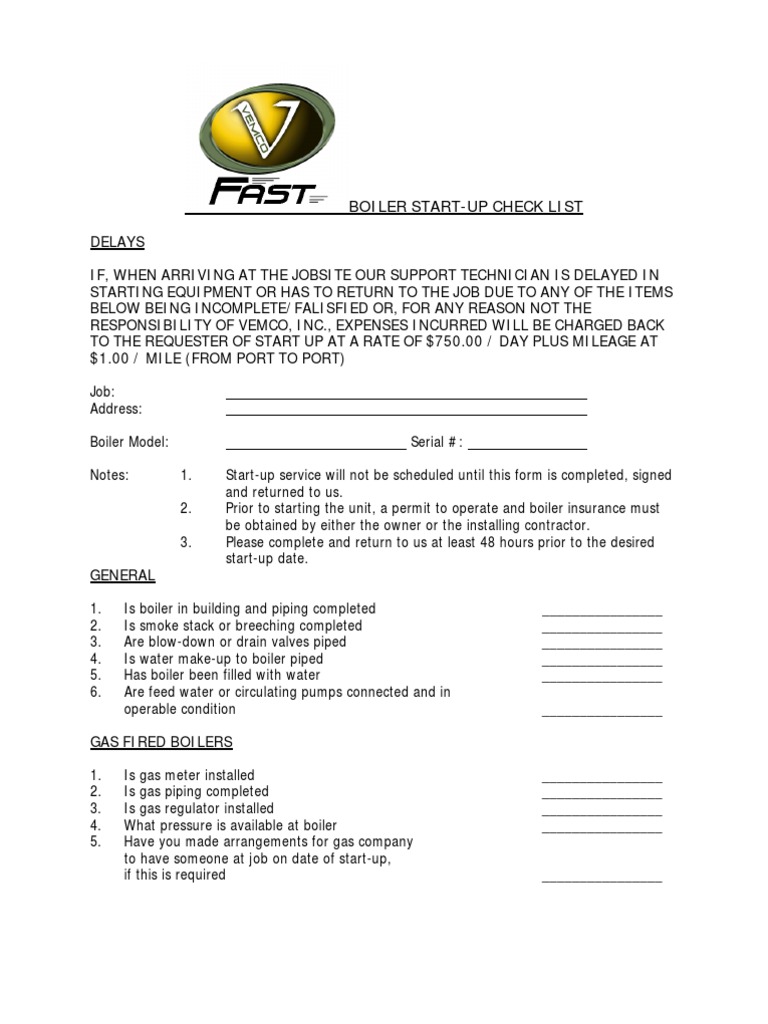 Boiler Start-Up Check List | PDF | Boiler | Pump