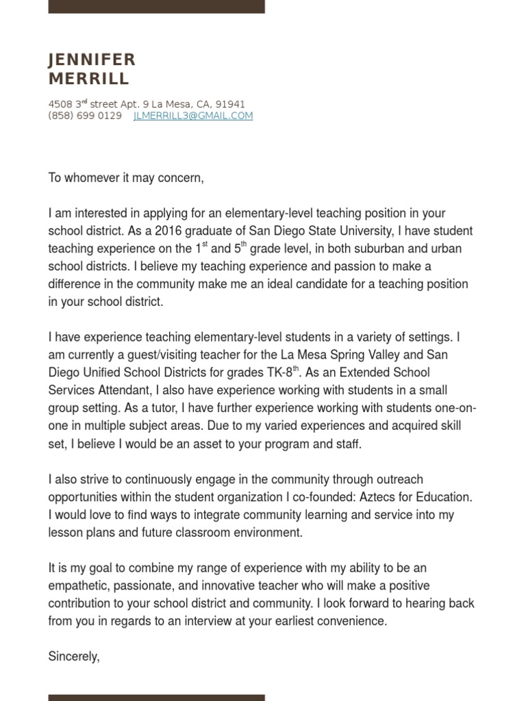 Elementary Teacher Application Letter | PDF | Career & Growth | Social ...