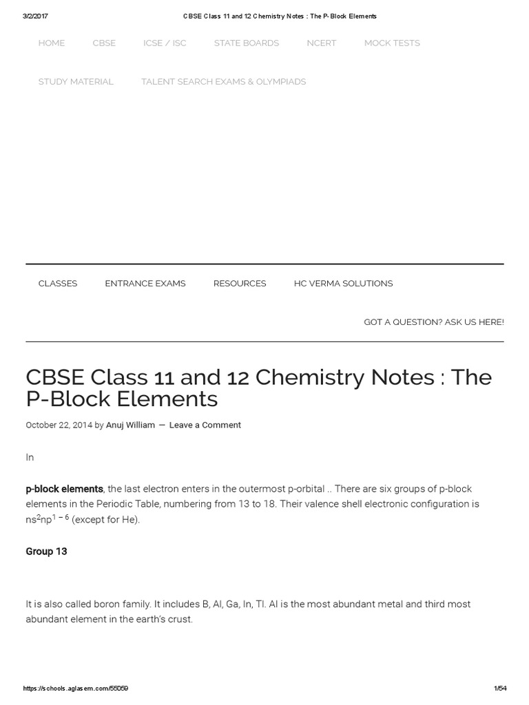 CBSE Class 11 and 12 Chemistry Notes - The P-Block Elements | PDF ...