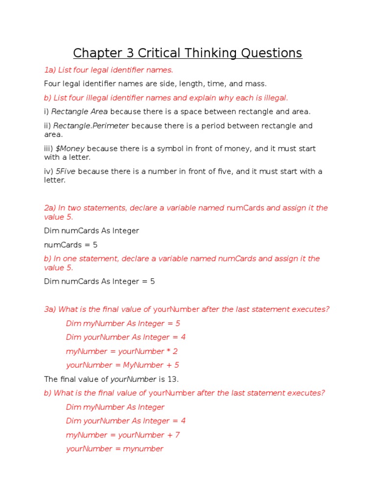 Chapter 3 Critical Thinking Questions | PDF | Variable (Computer ...
