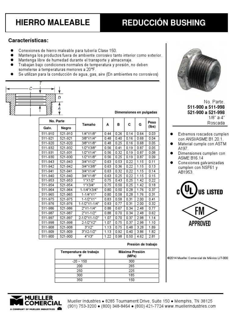 Ficha Tecnica - Reducción Bushing Galvanizado y Negro 511-900 - 511 - 998 & 521-900 - 521-998 ...