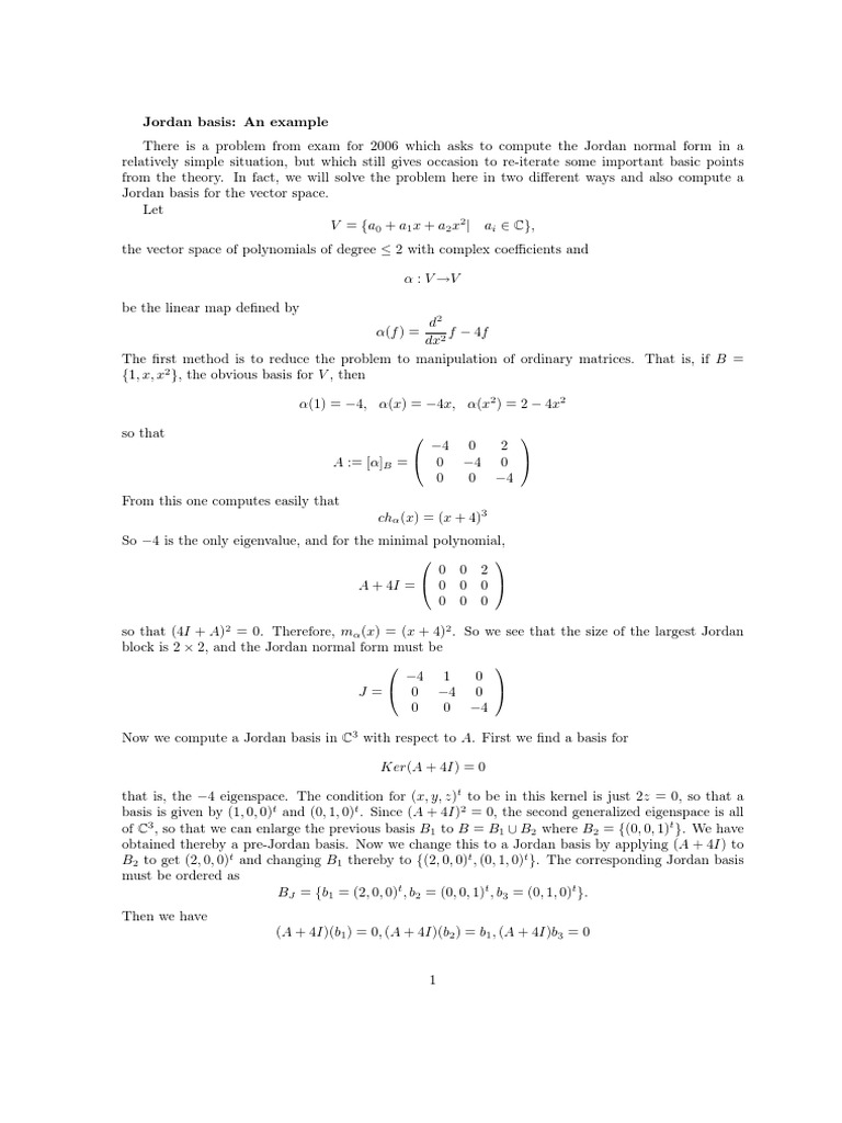 An Example of Jordan Basis | PDF | Basis (Linear Algebra) | Eigenvalues ...